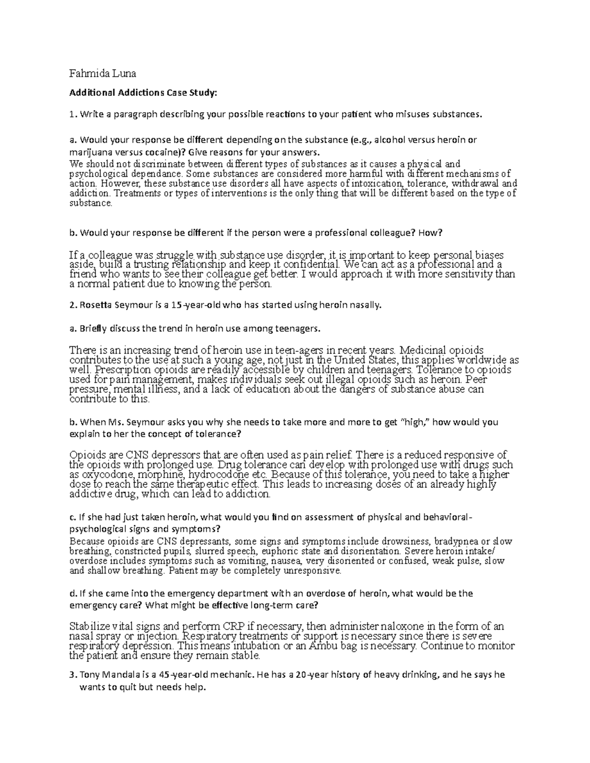 Addictions Critical Thinking Assignment -1 - Fahmida Luna Addi$onal ...