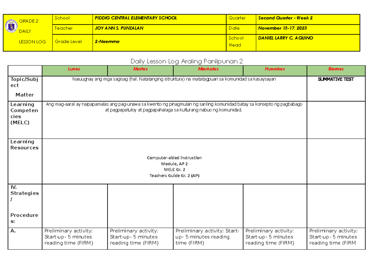 Q2-DLL-Week-2-AP - LESSON PLAN - GRADE 2 DAILY LESSON LOG School PIDDIG ...