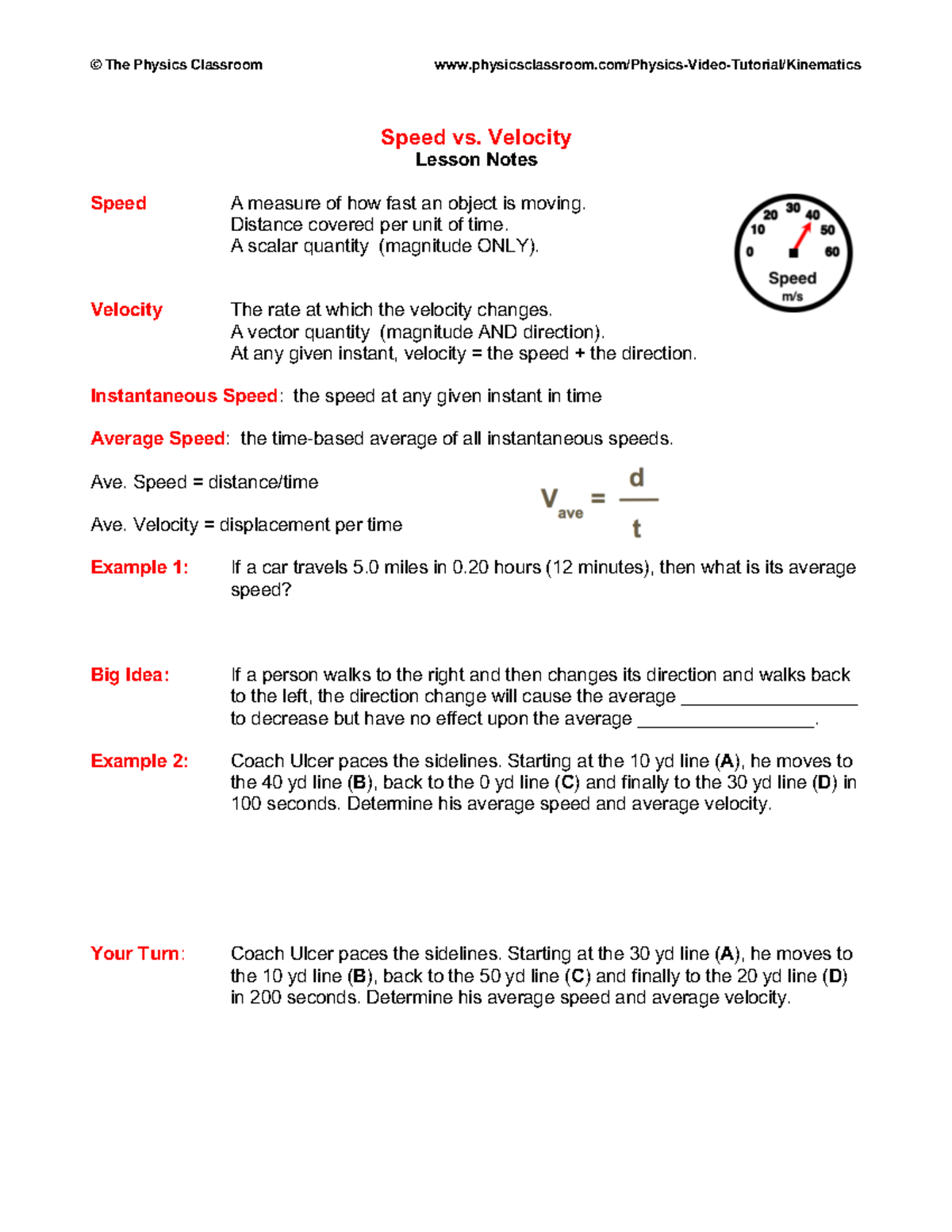 Speed Vs Velocity - Sammendrag Fysikk - © The Physics Classroom - Studocu