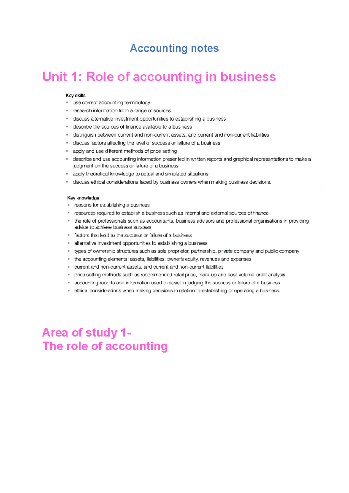 Accounting notes - Accounting notes Unit 1: Role of accounting in ...