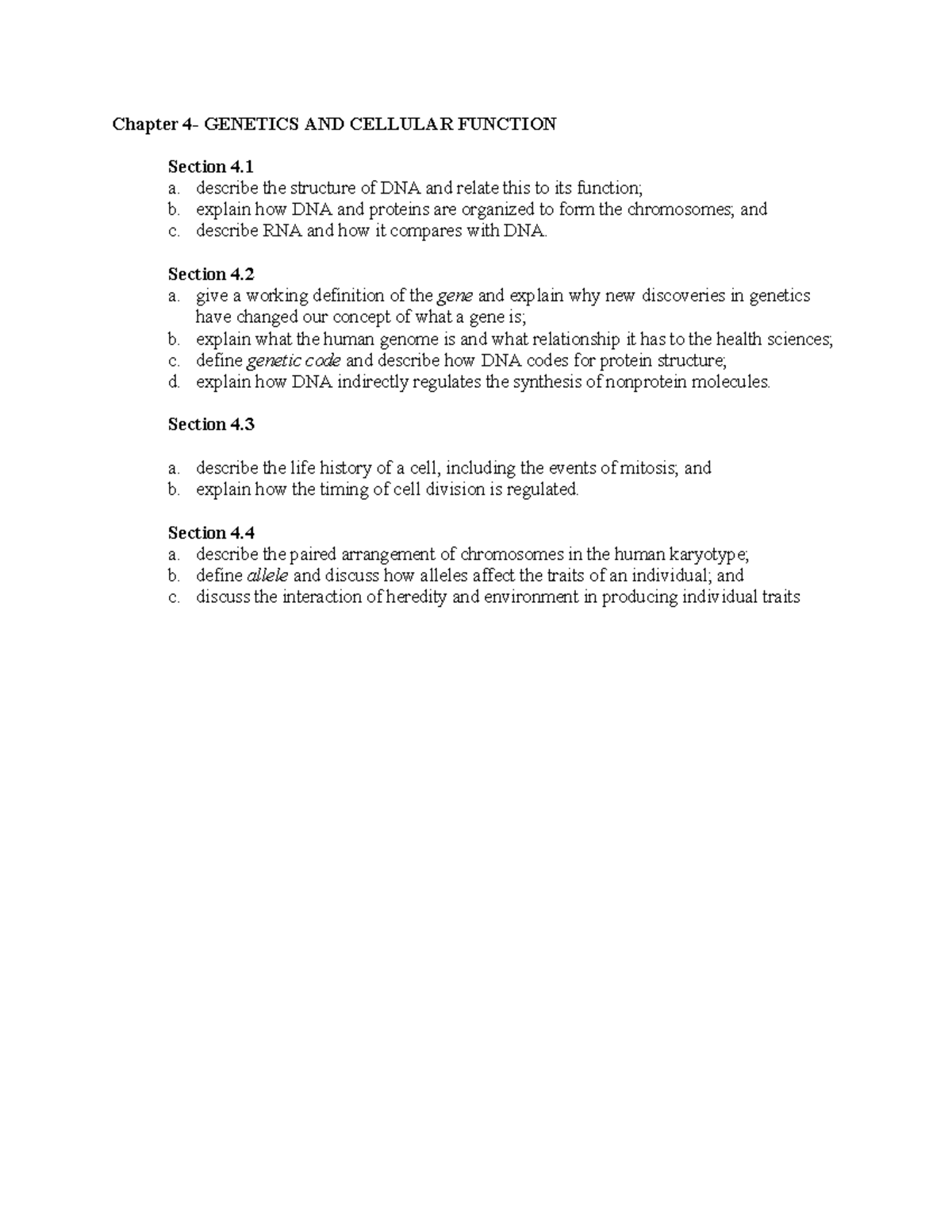4 Genes review - Chapter 4- GENETICS AND CELLULAR FUNCTION Section 4. a ...