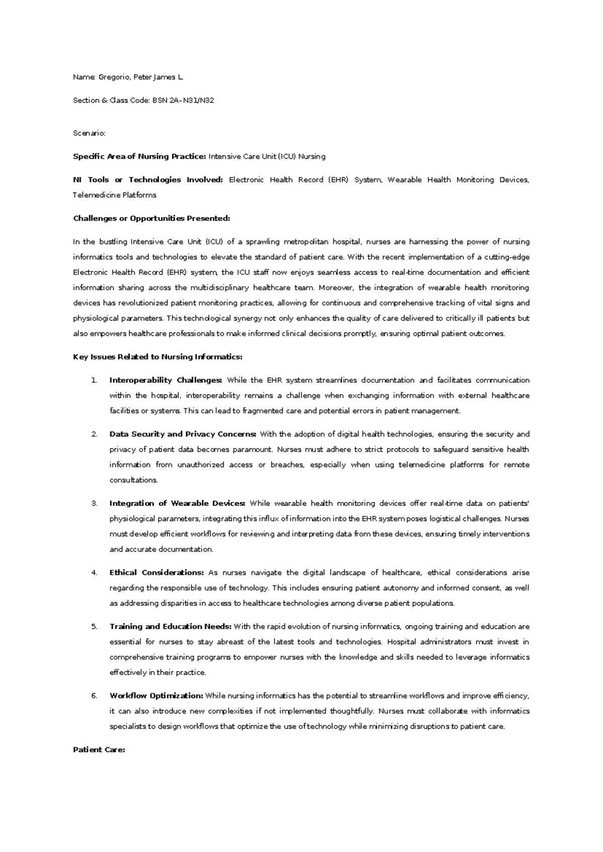 Nursing Informatics Case Scenario - Name: Gregorio, Peter James L ...