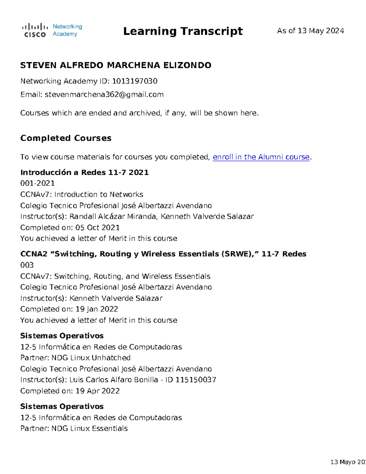 Net Acad Learning Transcript Learning Transcript As Of 13 May 2024 Steven Alfredo Marchena