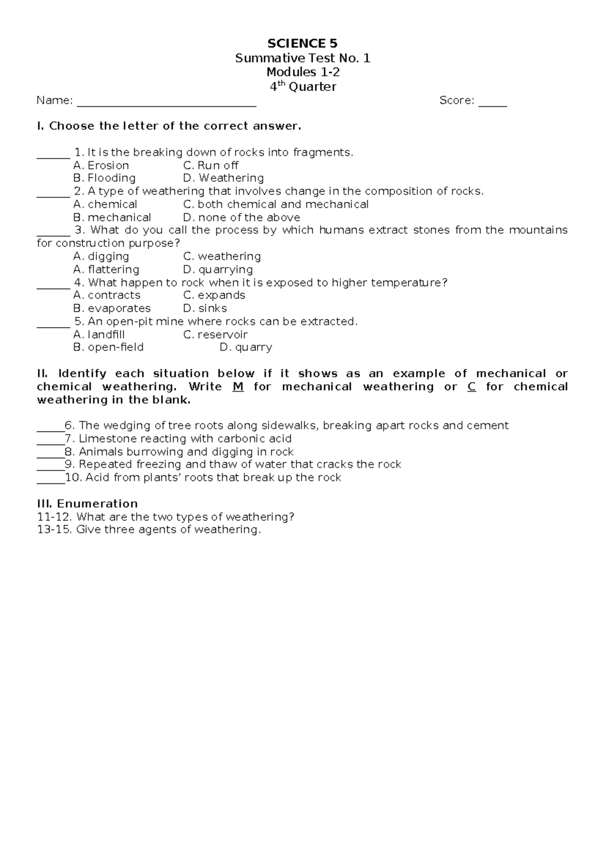 Science 5 ST1 Q4 - Test - SCIENCE 5 Summative Test No. 1 Modules 1- 4 ...