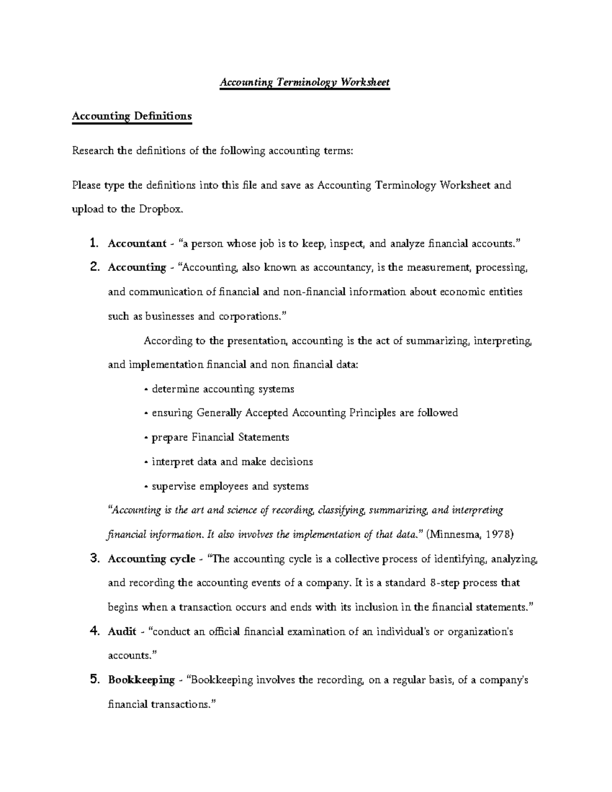 Accounting Terminology Worksheet unit1 - Accounting Terminology ...