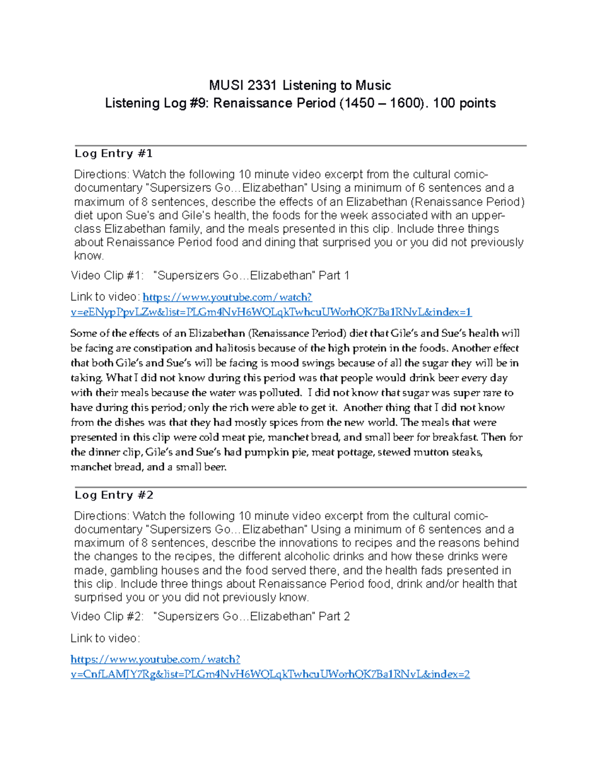 Cycle C MUSI 2331 Listening Log #9 Renaissance Period - MUSI 2331 ...