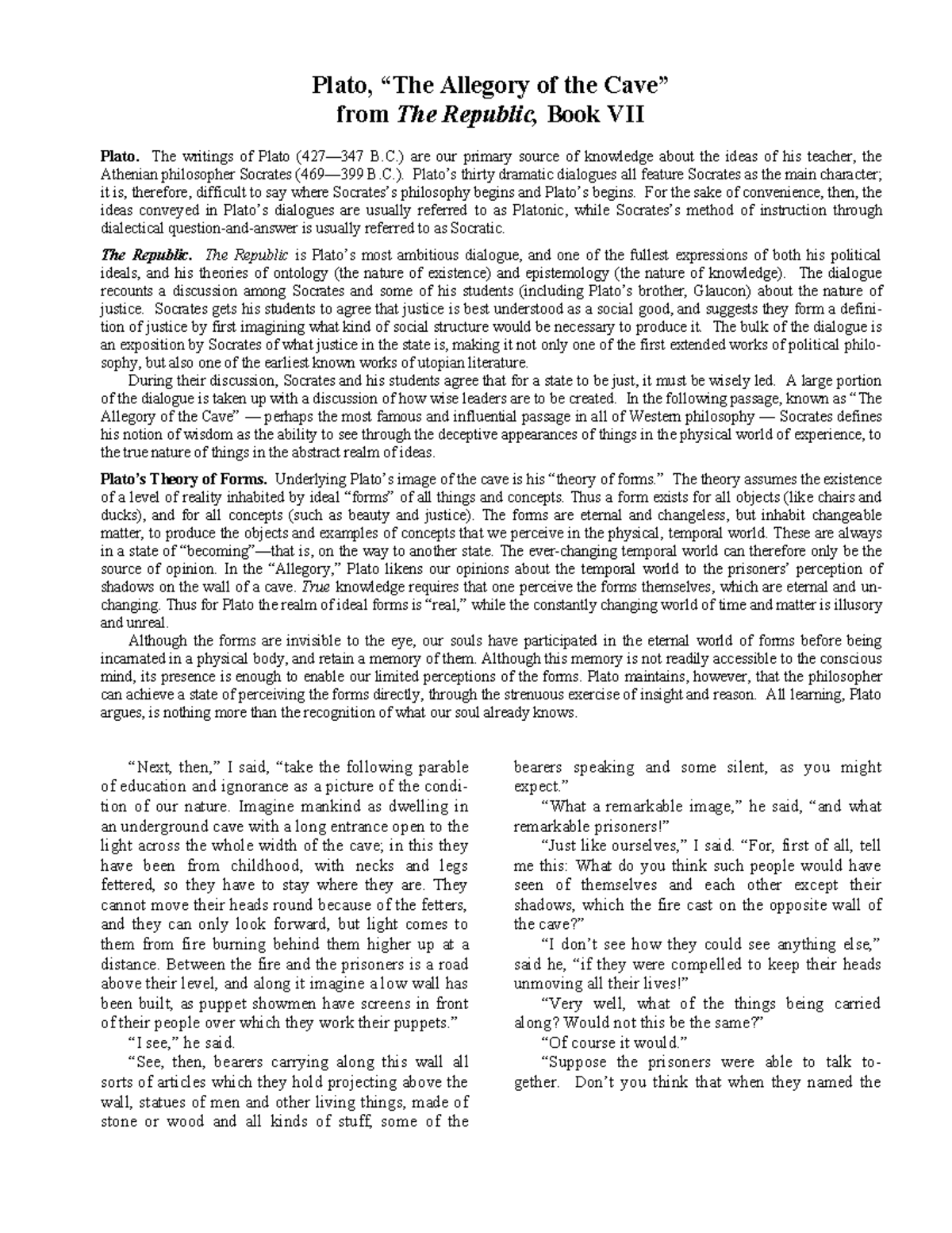 Plato allegory of the cave - Plato, “The Allegory of the Cave” from The ...