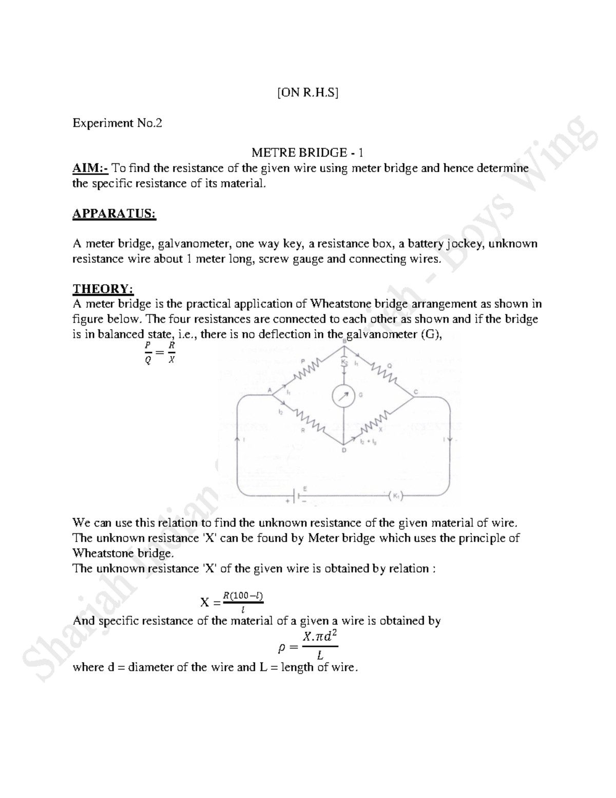 02 metre bridge 1 - Nah - [ON R.H] Experiment No. METRE BRIDGE - 1 AIM ...