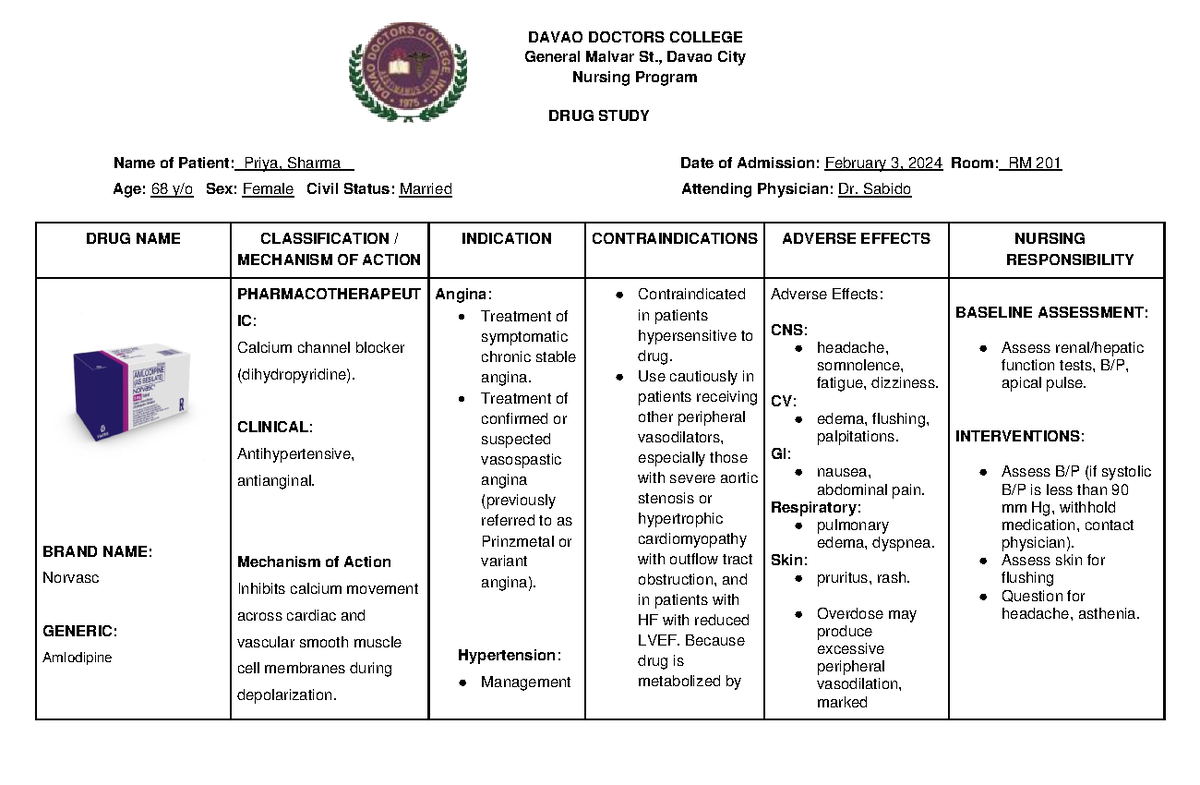 Amlodipine - Drug study of medication - DAVAO DOCTORS COLLEGE General ...