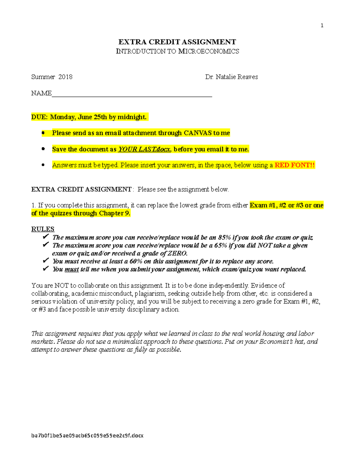 Intro Microeconomics Extra Credit Summer 2018 a - EXTRA CREDIT ...
