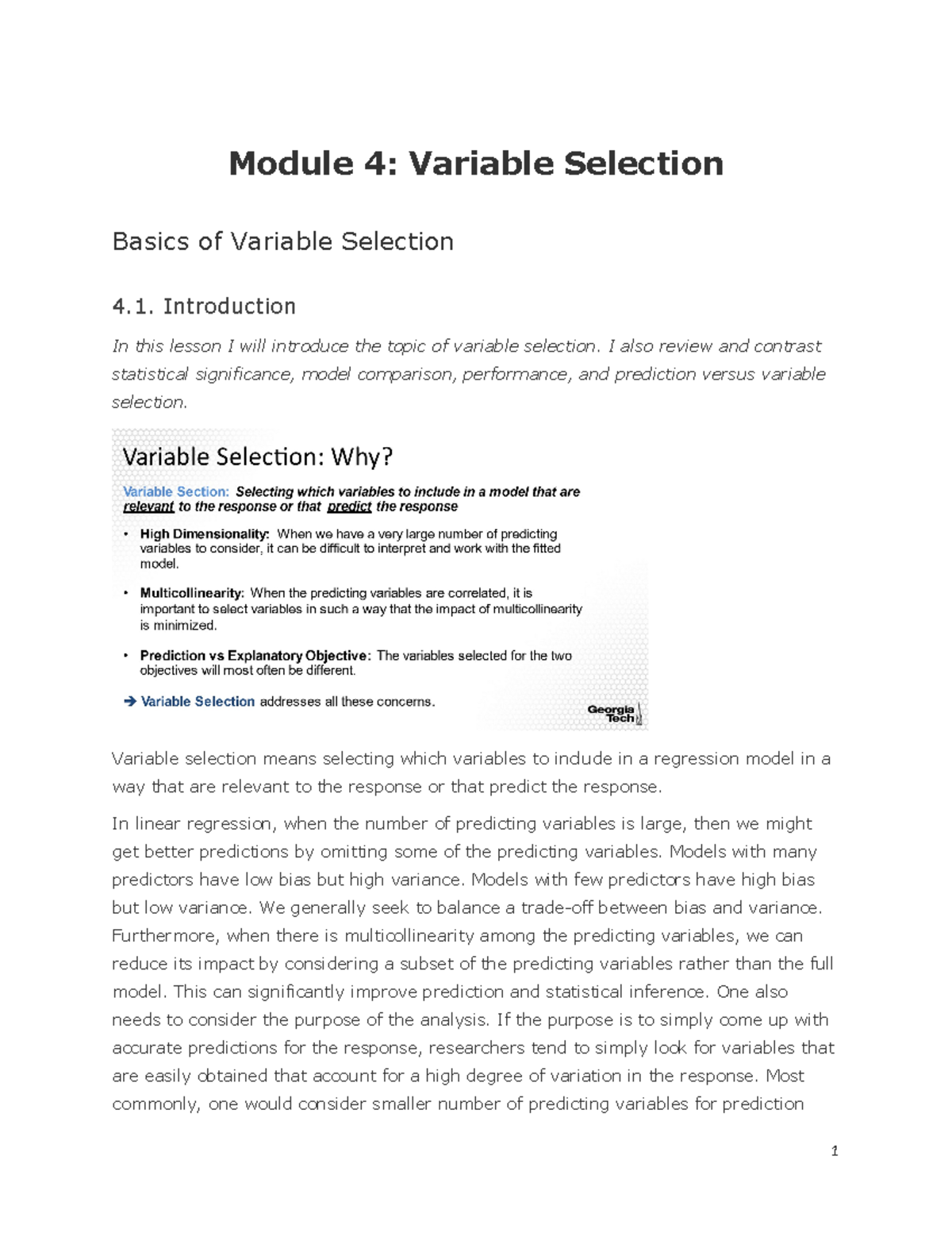 Module 4 Lecture Transcripts - Module 4: Variable Selection Basics of Variable Selection 4 ...
