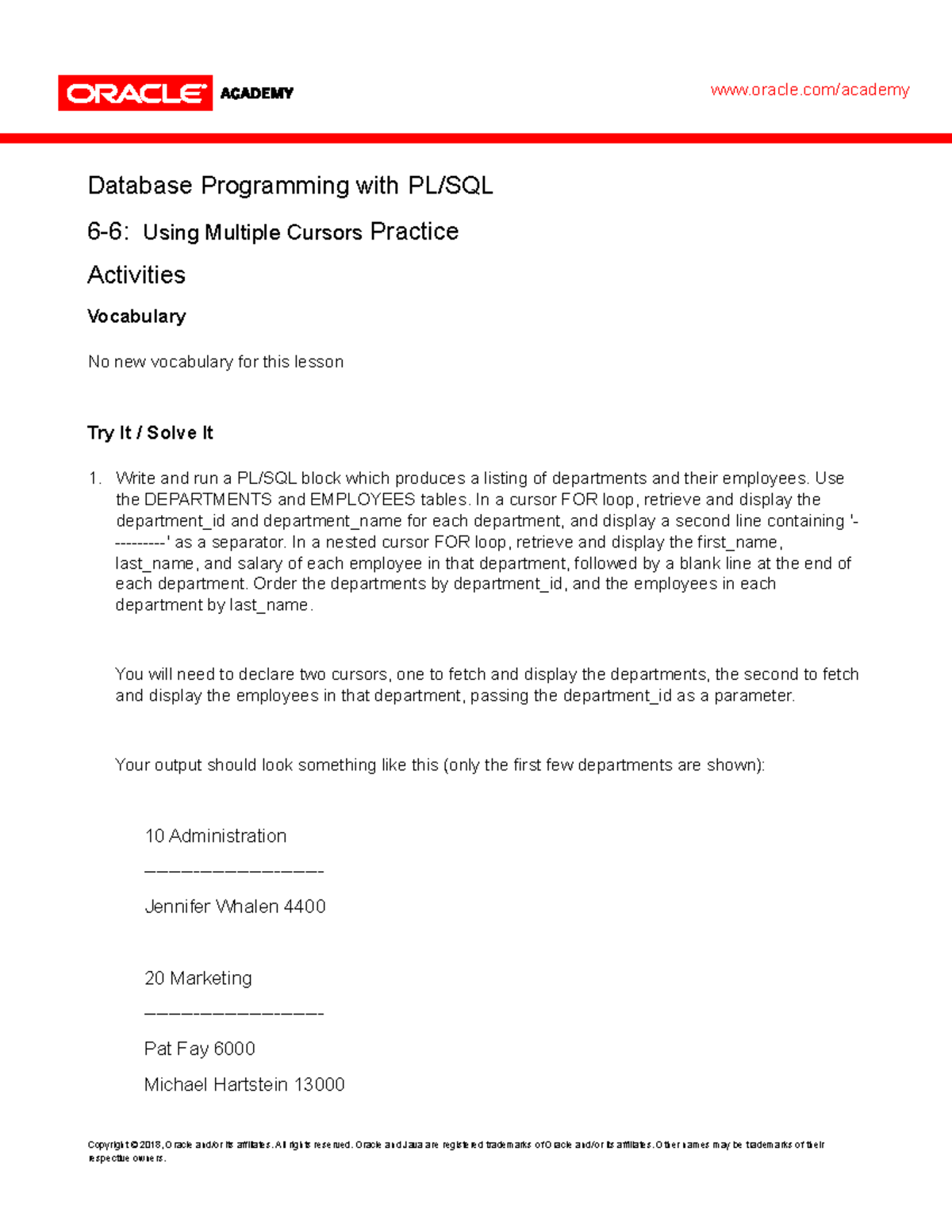 Plsql 6 6 Practice Practica Copyright © 2018 Oracle Andor Its Affiliates All Rights