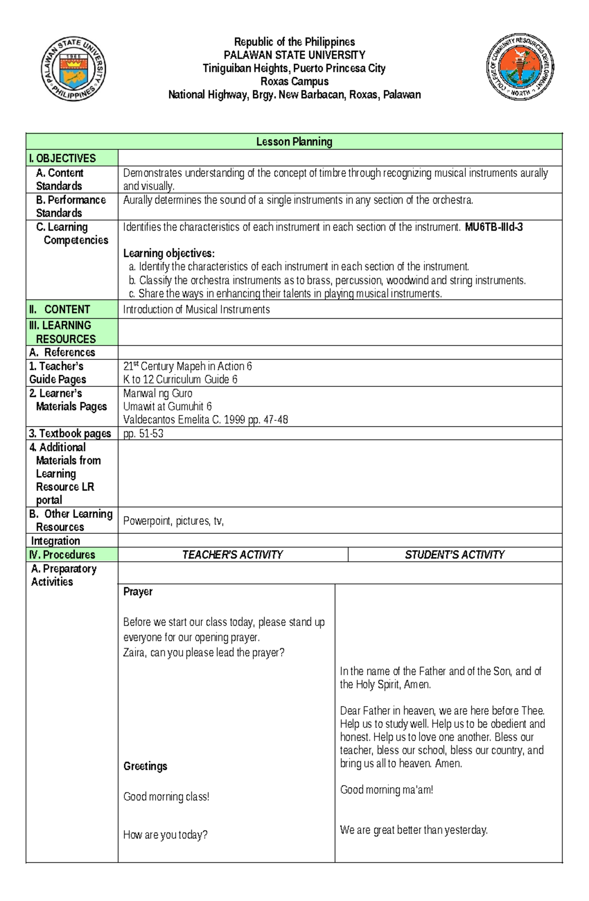 Music Lesson PLAN - Republic of the Philippines PALAWAN STATE UNIVERSITY Tiniguiban Heights ...