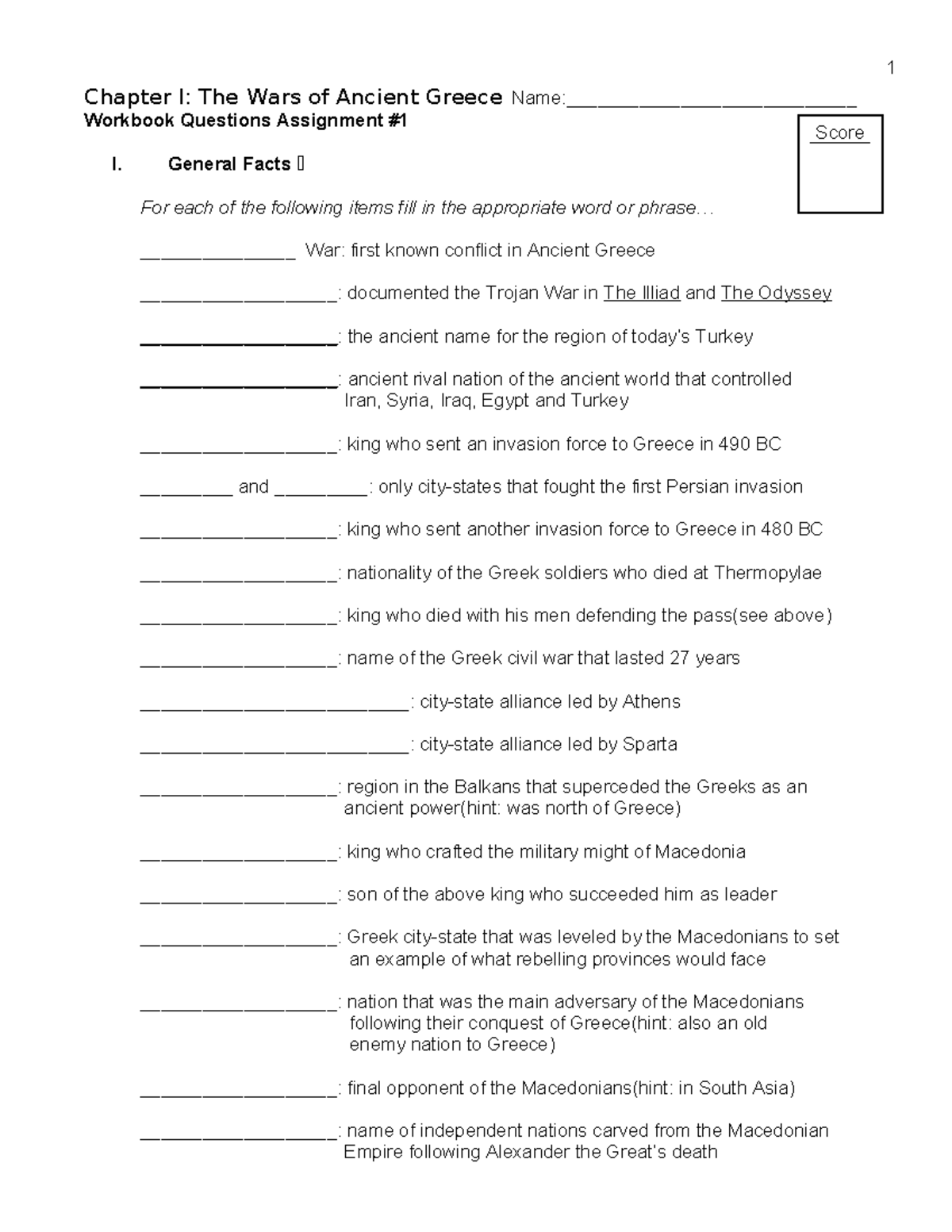 MH workbook - Chapter I: The Wars of Ancient Greece Name ...