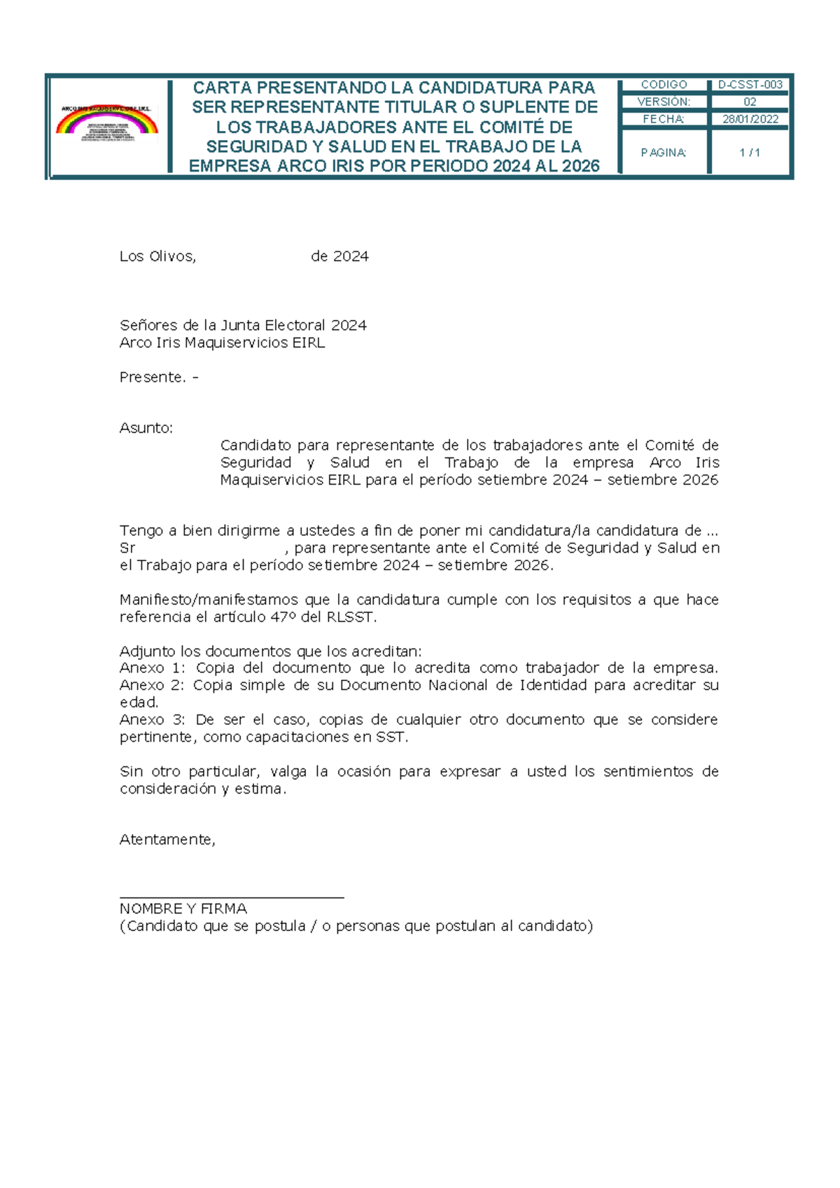 Formato DE Presentacion DE Candidatura - CARTA PRESENTANDO LA CANDIDATURA PARA SER REPRESENTANTE ...