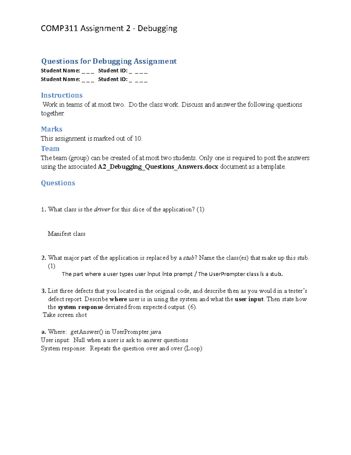 A2 Debugging Questions Answers Comp311 Assignment 2 Debugging Questions For Debugging