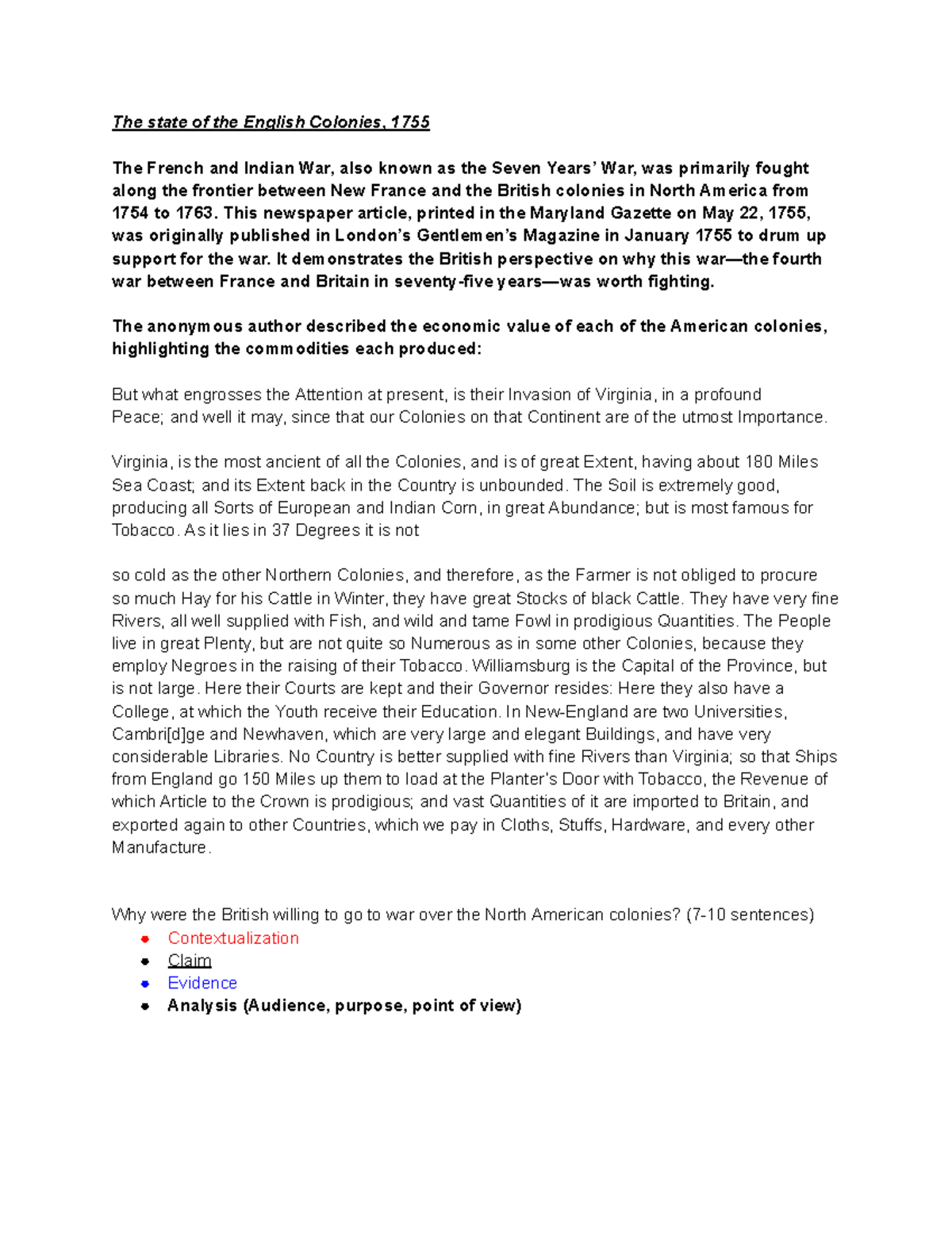 Exemplar Primary Source The state of the English Colonies, 1755 - The ...