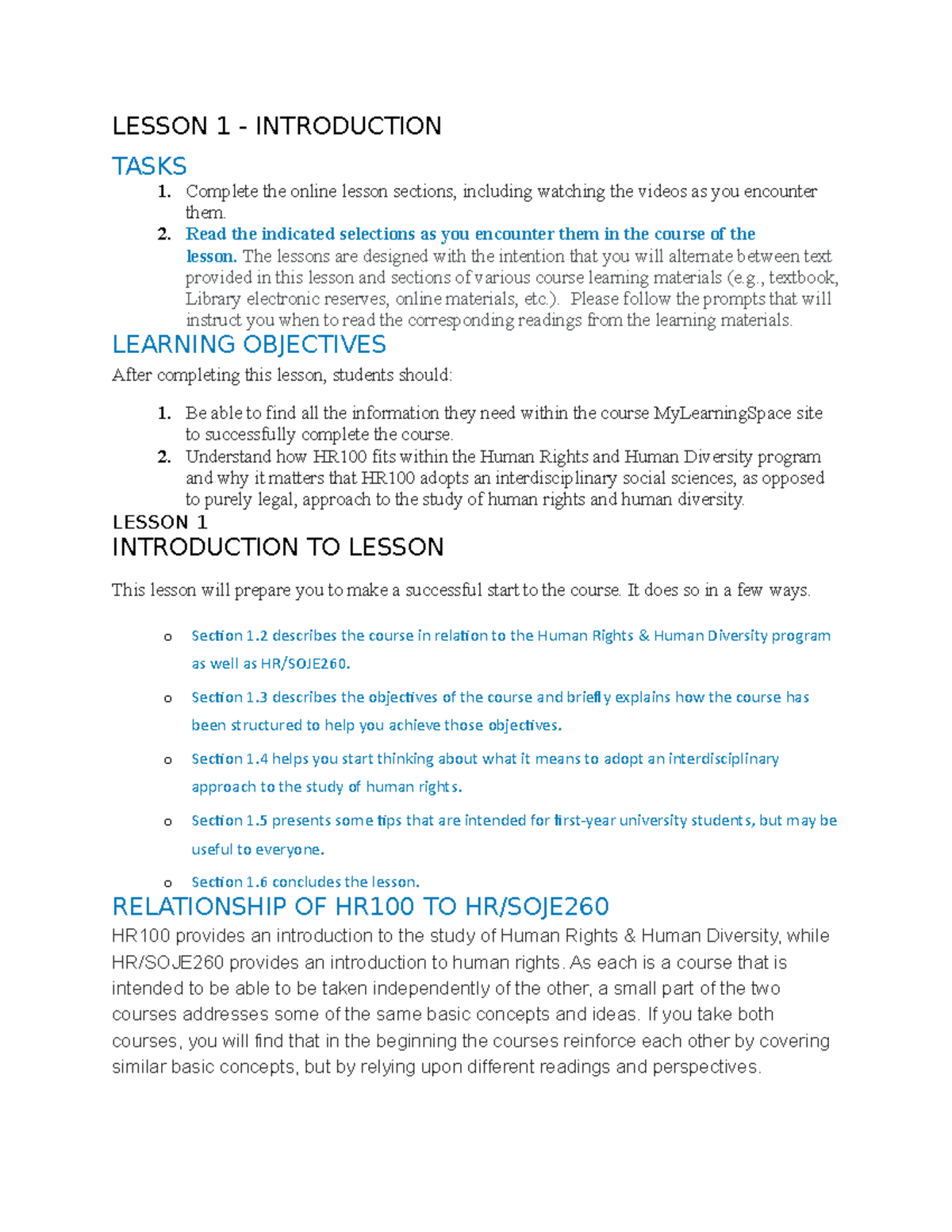 Lesson 1 HR 100 - note - LESSON 1 - INTRODUCTION TASKS 1. Complete the online lesson sections ...