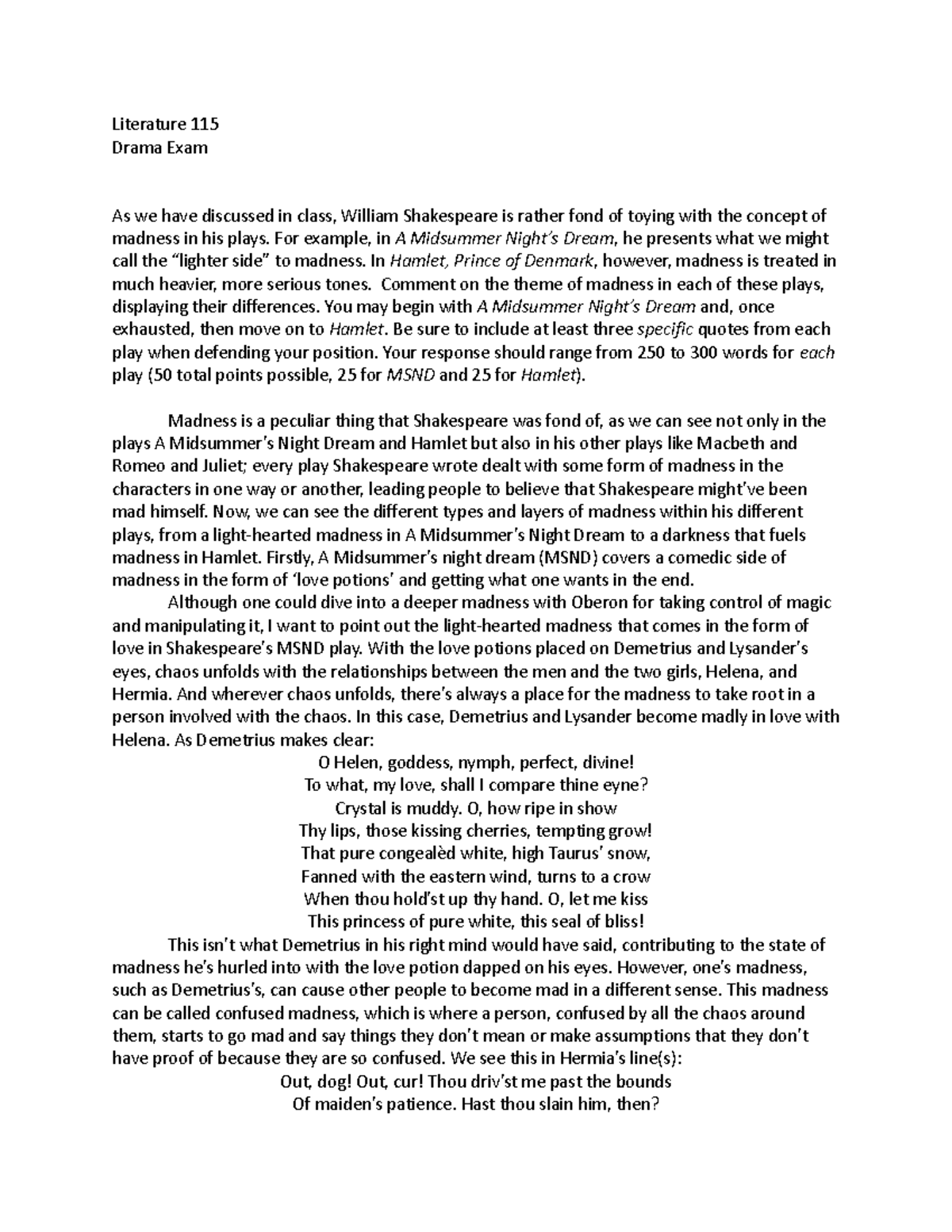 Literature 115 Drama Exam - For example, in A Midsummer Night’s Dream ...