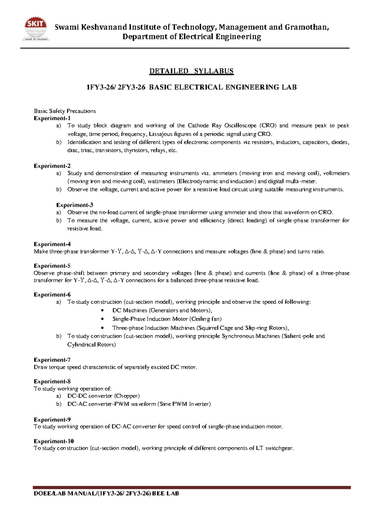 1FY3-26 Basic Electrical Engineering Lab - Department of Electrical Engineering DETAILED ...