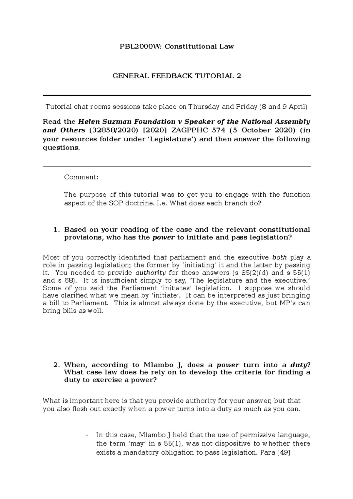 General feedback Tutorial 2 - PBL2000W: Constitutional Law GENERAL ...