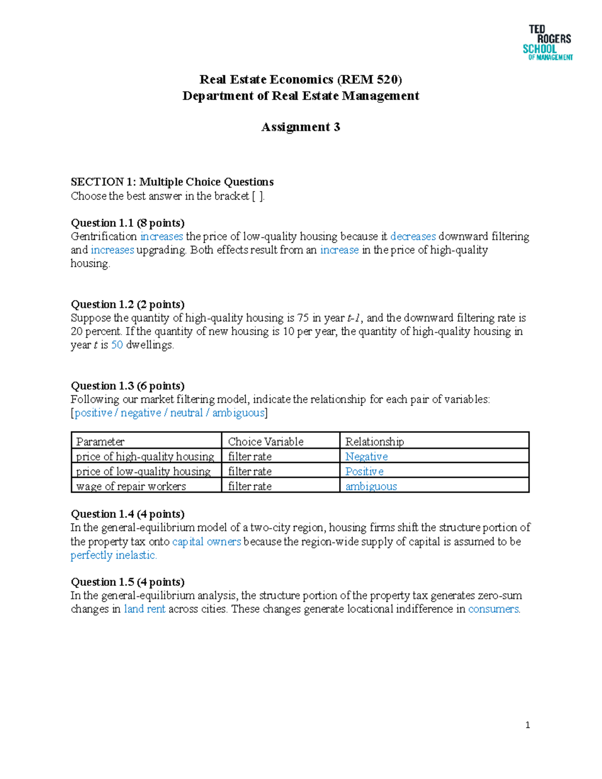 Studco - Assignment 5 - Real Estate Economics (REM 520) Department of ...
