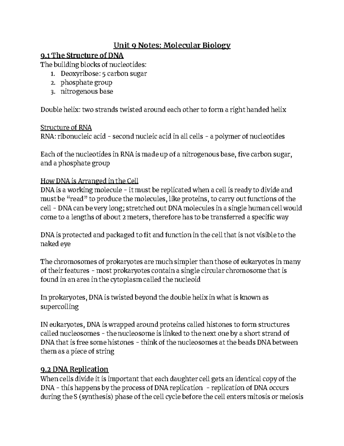 Biology Unit 9 Notes: Molecular Biology - Unit 9 Notes: Molecular ...