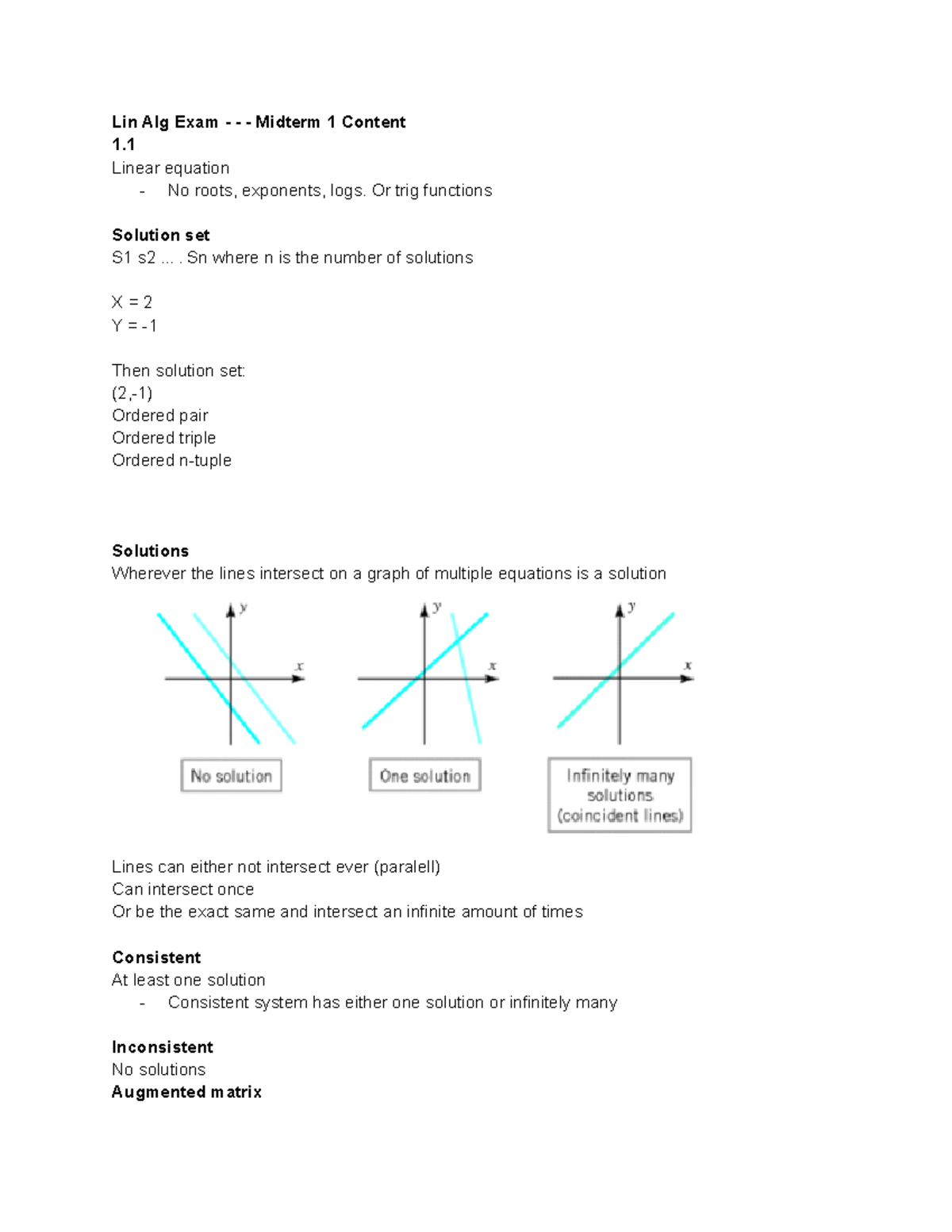 Lin Alg chapter 1 - Lin Alg Exam - Midterm 1 Content 1. Linear equation ...