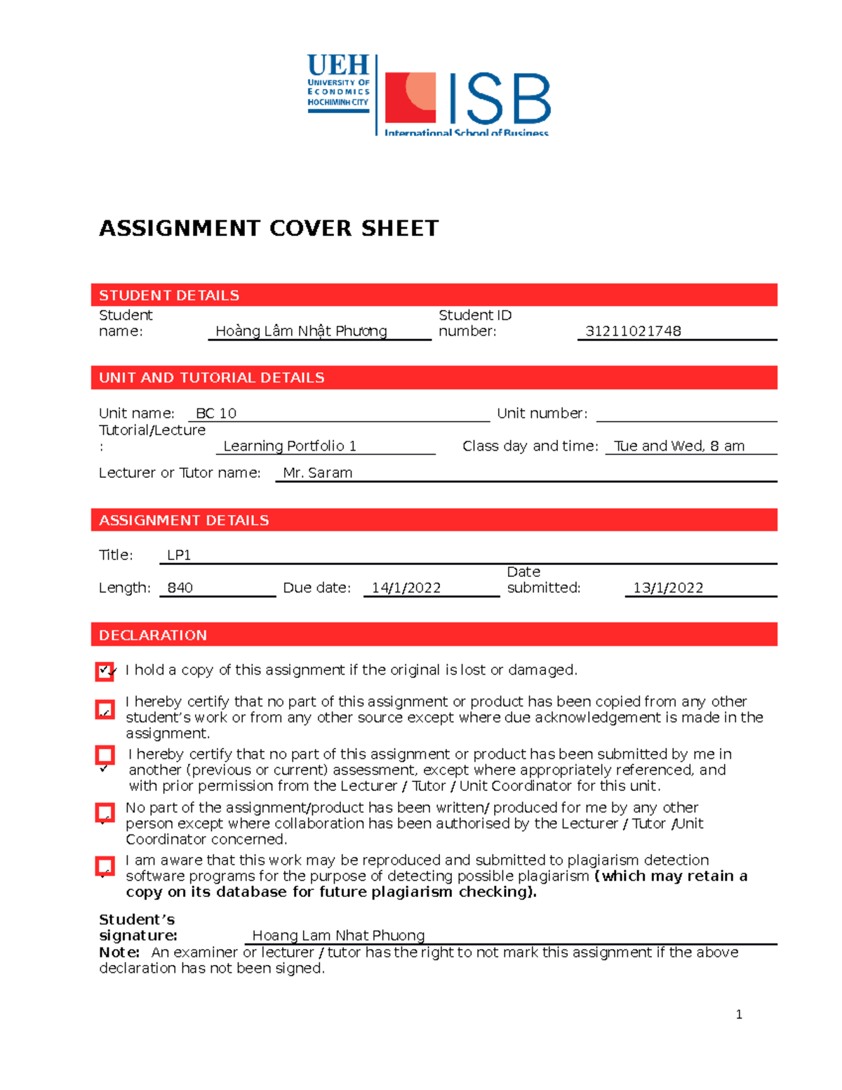 Learning Portfolio 1 Business Communication - ASSIGNMENT COVER SHEET ...