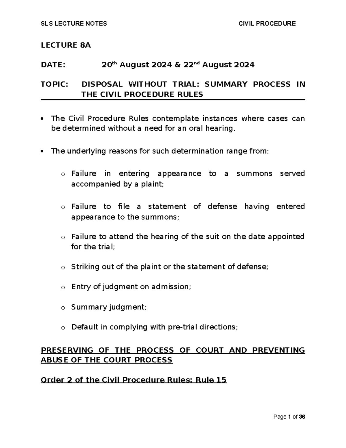 Lecture 8A - Disposal Without Trial - Summary Judgment(3298790 - LECTURE 8A DATE: 20 th August ...
