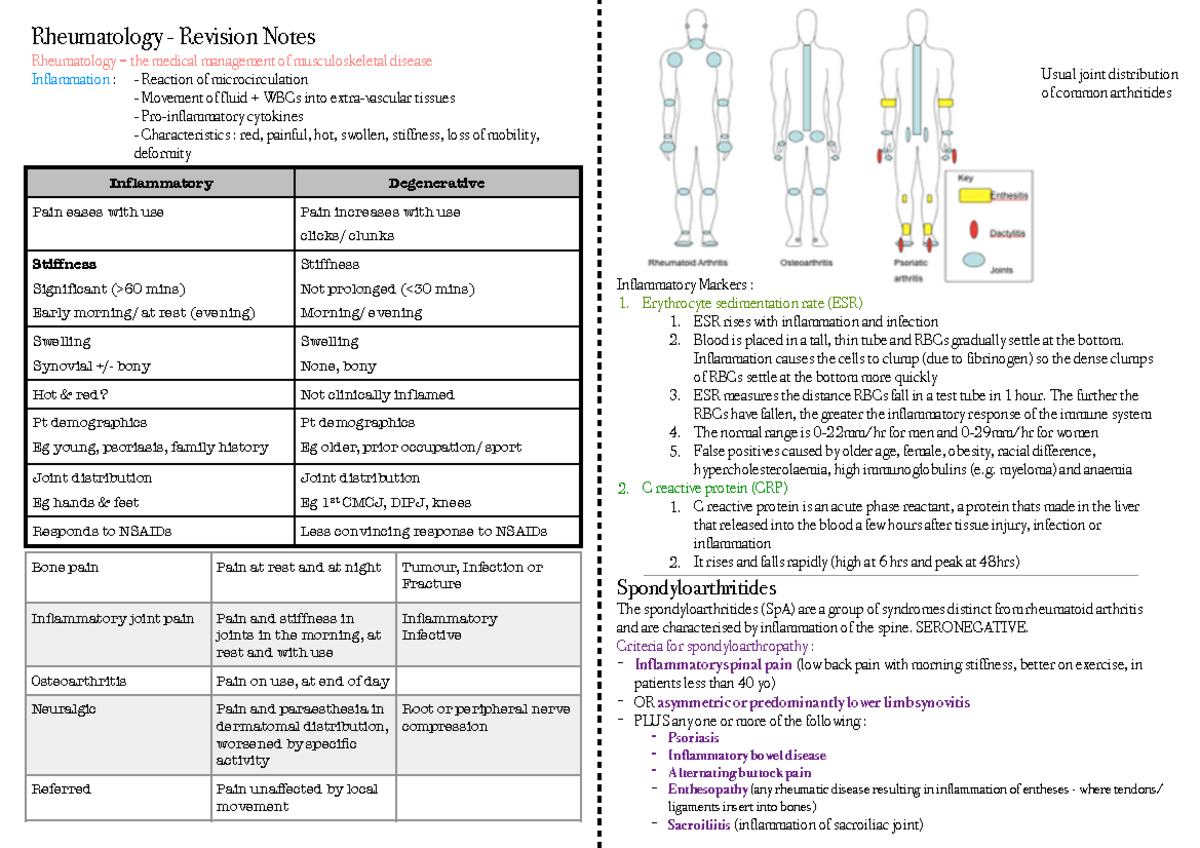 Rheumatology revision notes - Erythrocyte sedimentation rate (ESR) 1 ...