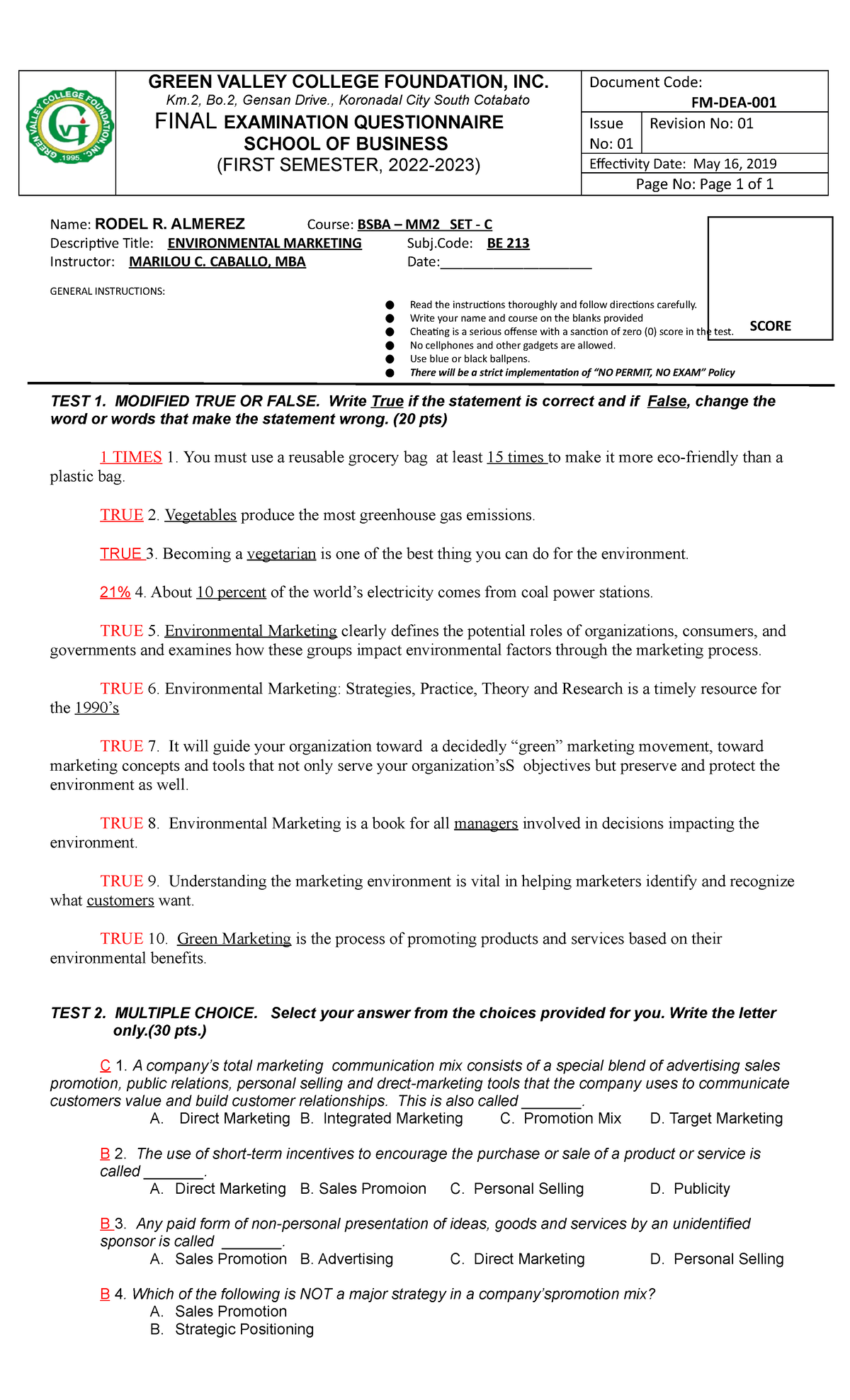 EXAM ENVI MKTG Finals - examination - GREEN VALLEY COLLEGE FOUNDATION ...