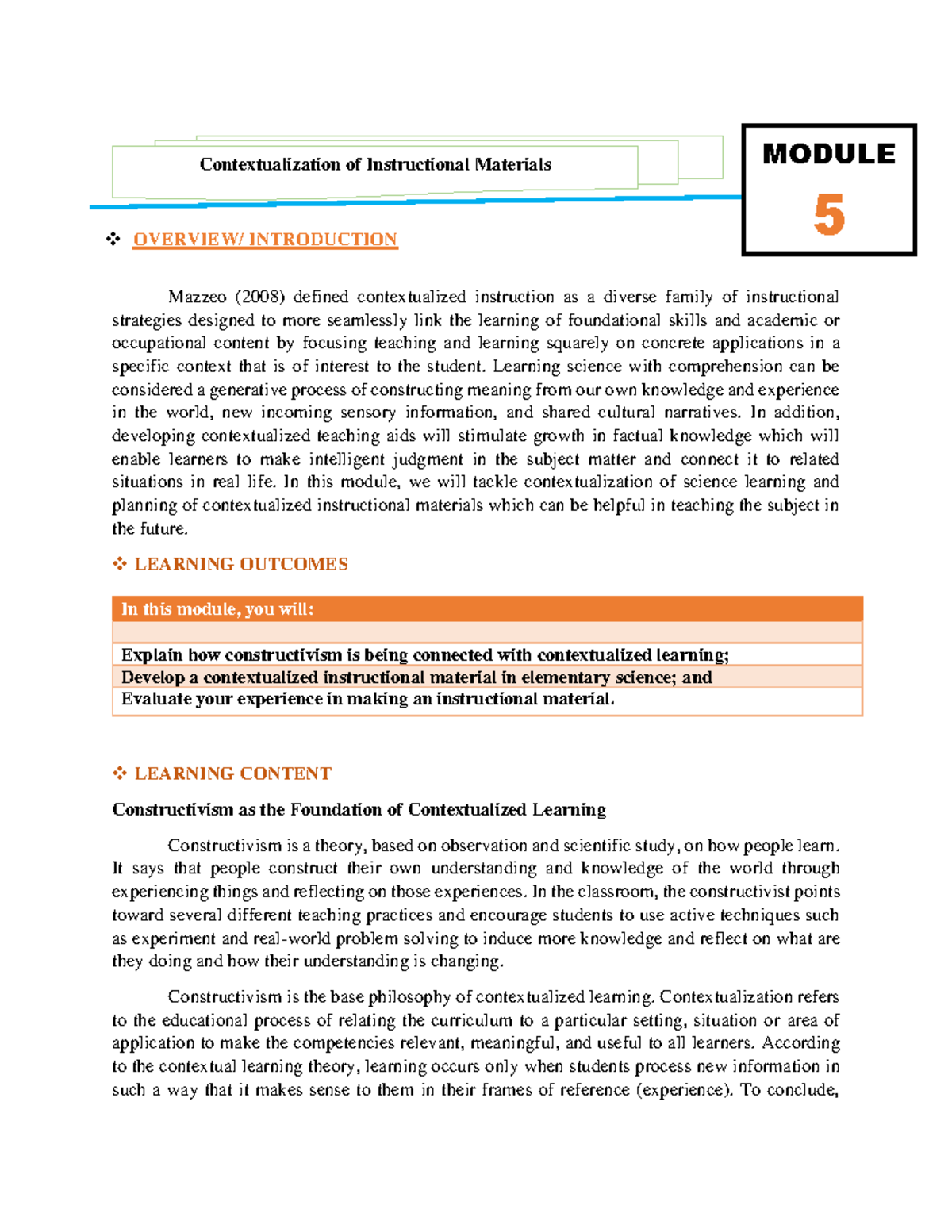V-Contextualization-of-Instructional-Materials - OVERVIEW/ INTRODUCTION Mazzeo (2008) defined ...