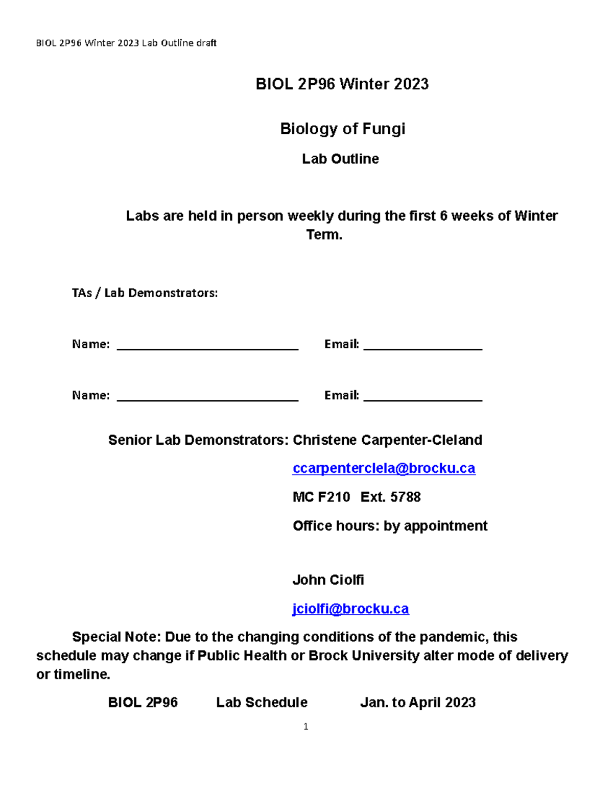 BIOL 2P96 Winter 2023 Lab Outline - BIOL 2P96 Winter 2023 Biology of ...