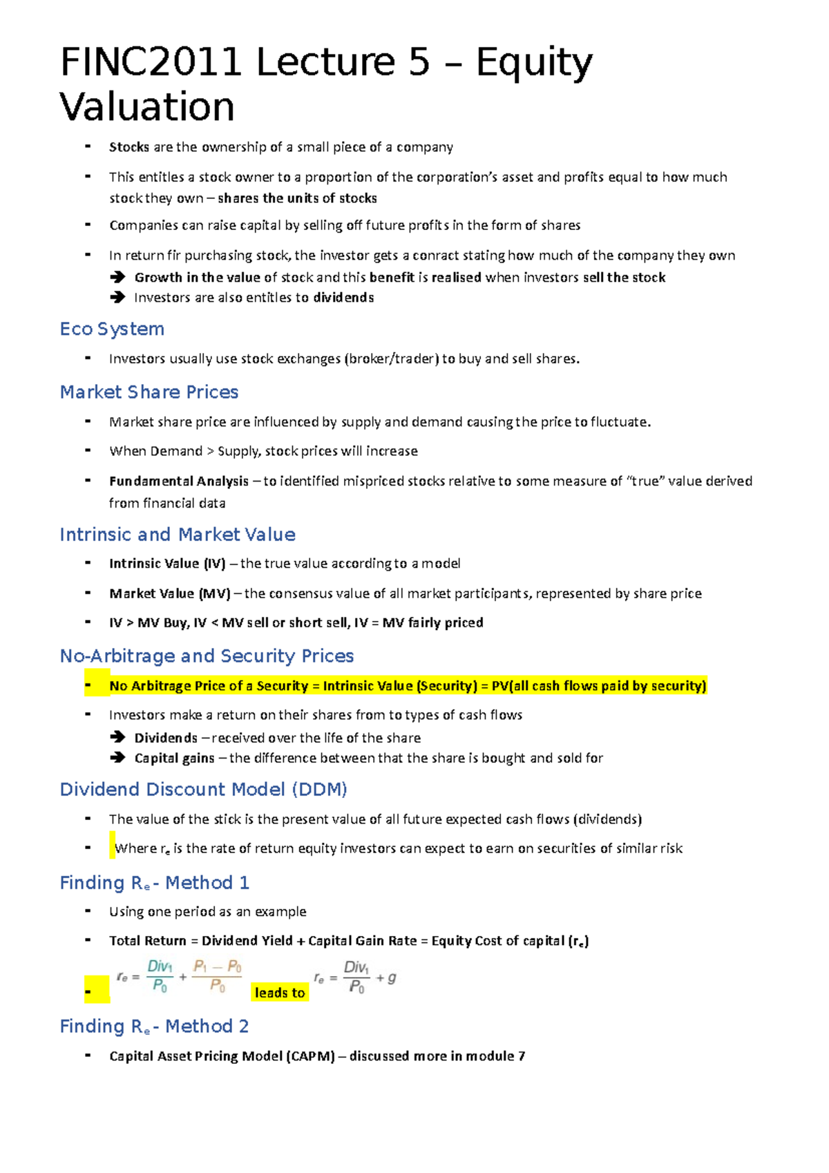 FINC2011 Lecture 5 - Equity Valuation - Stocks - FINC2011 Lecture 5 ...
