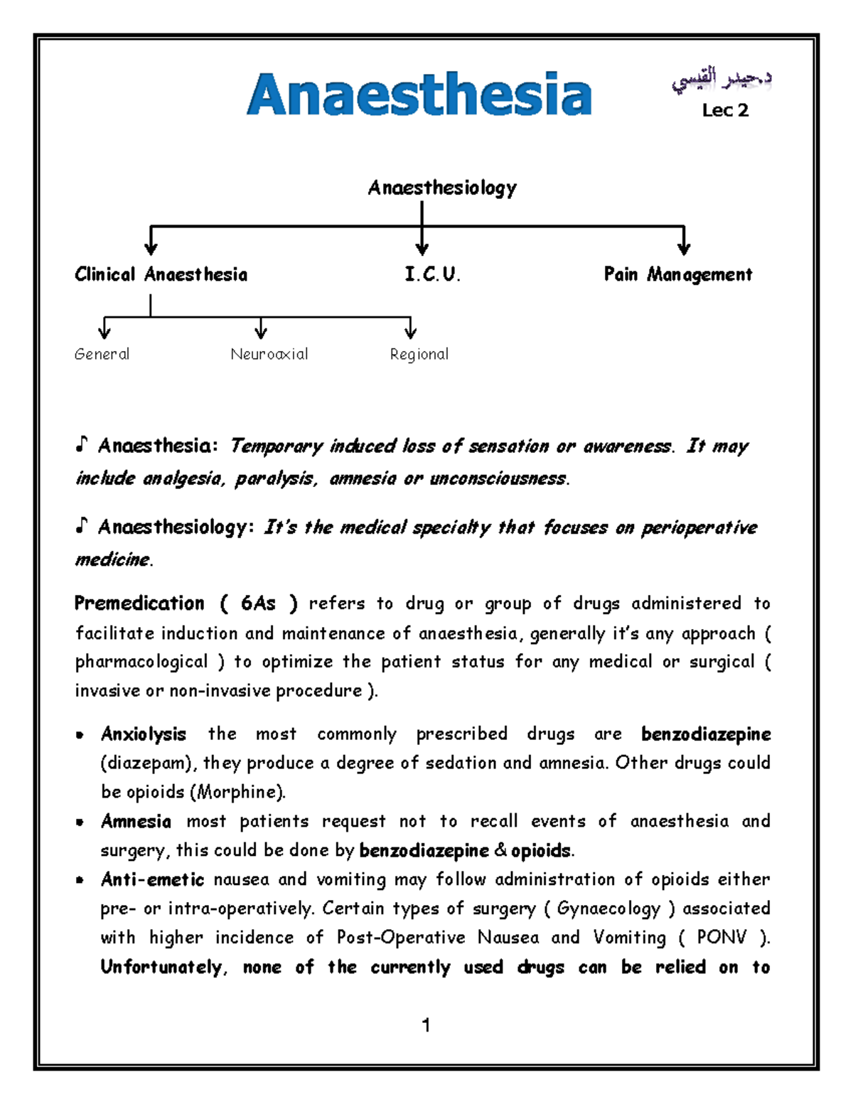 Anaesthesiology - Lec 2 Anaesthesiology Clinical Anaesthesia I.C. Pain ...