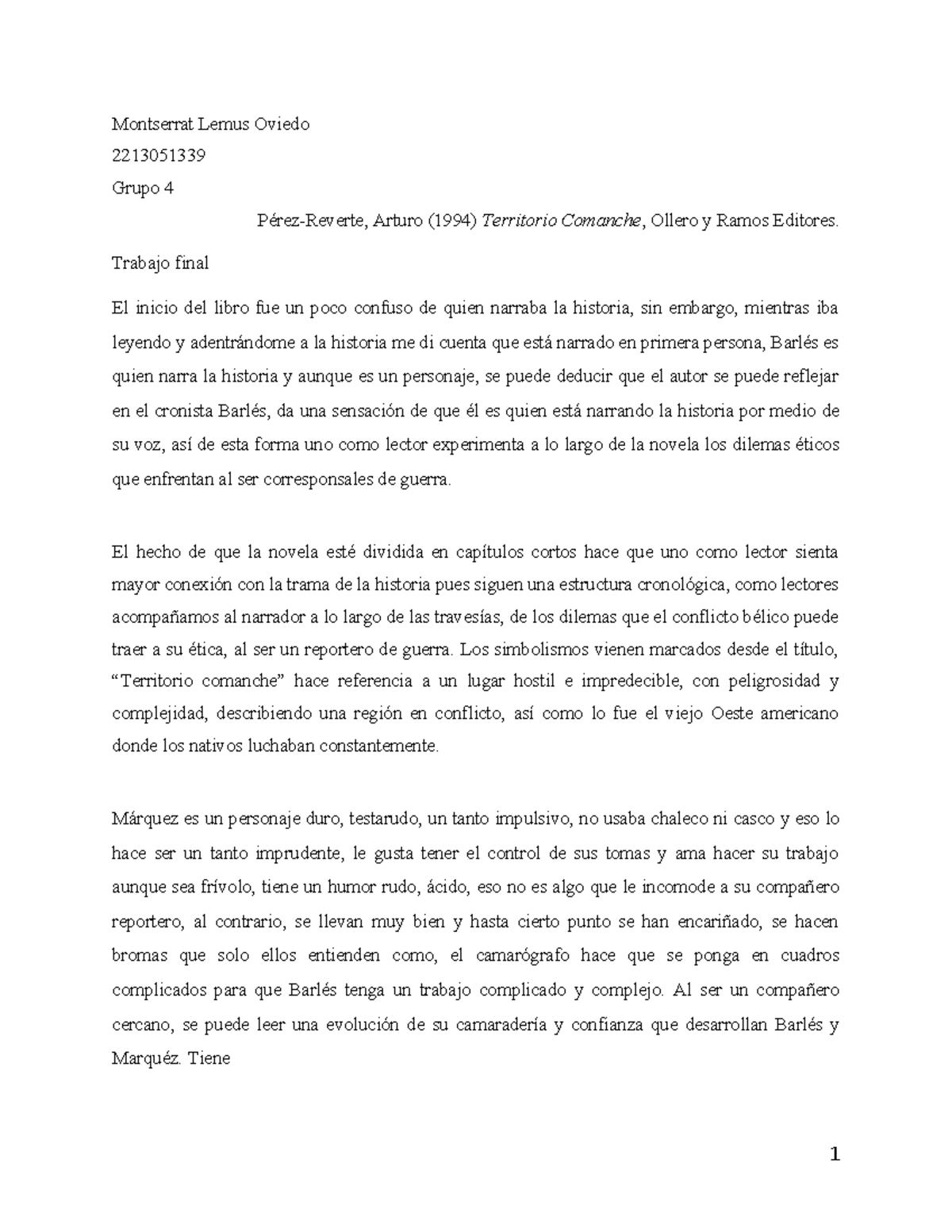 Ensayo del libro de 3 cuartillas Territorio Comanche - Montserrat Lemus ...