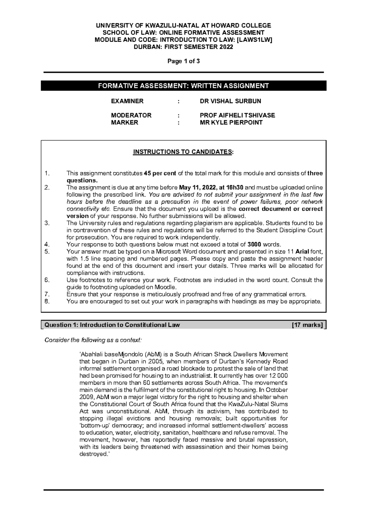 Assignment Question Paper - UNIVERSITY OF KWAZULU-NATAL AT HOWARD ...