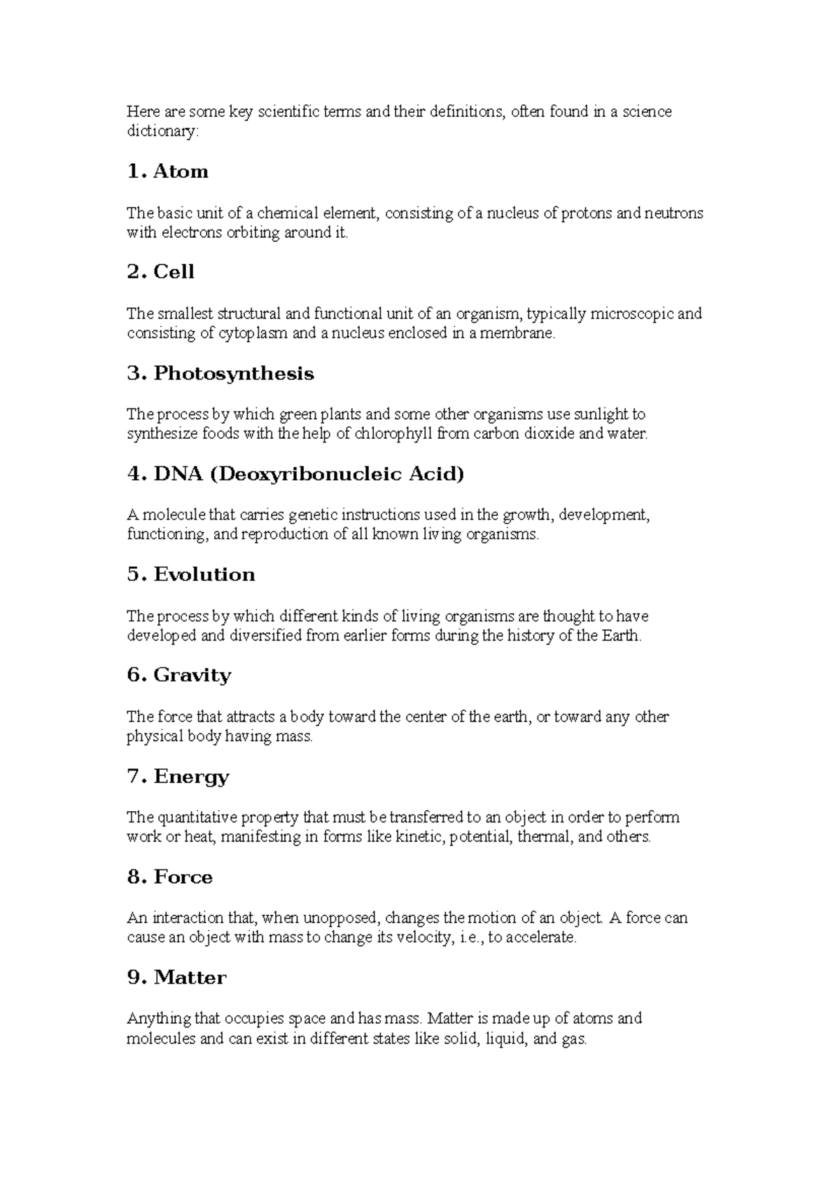 Notes 1 - Science dictionary - Here are some key scientific terms and ...