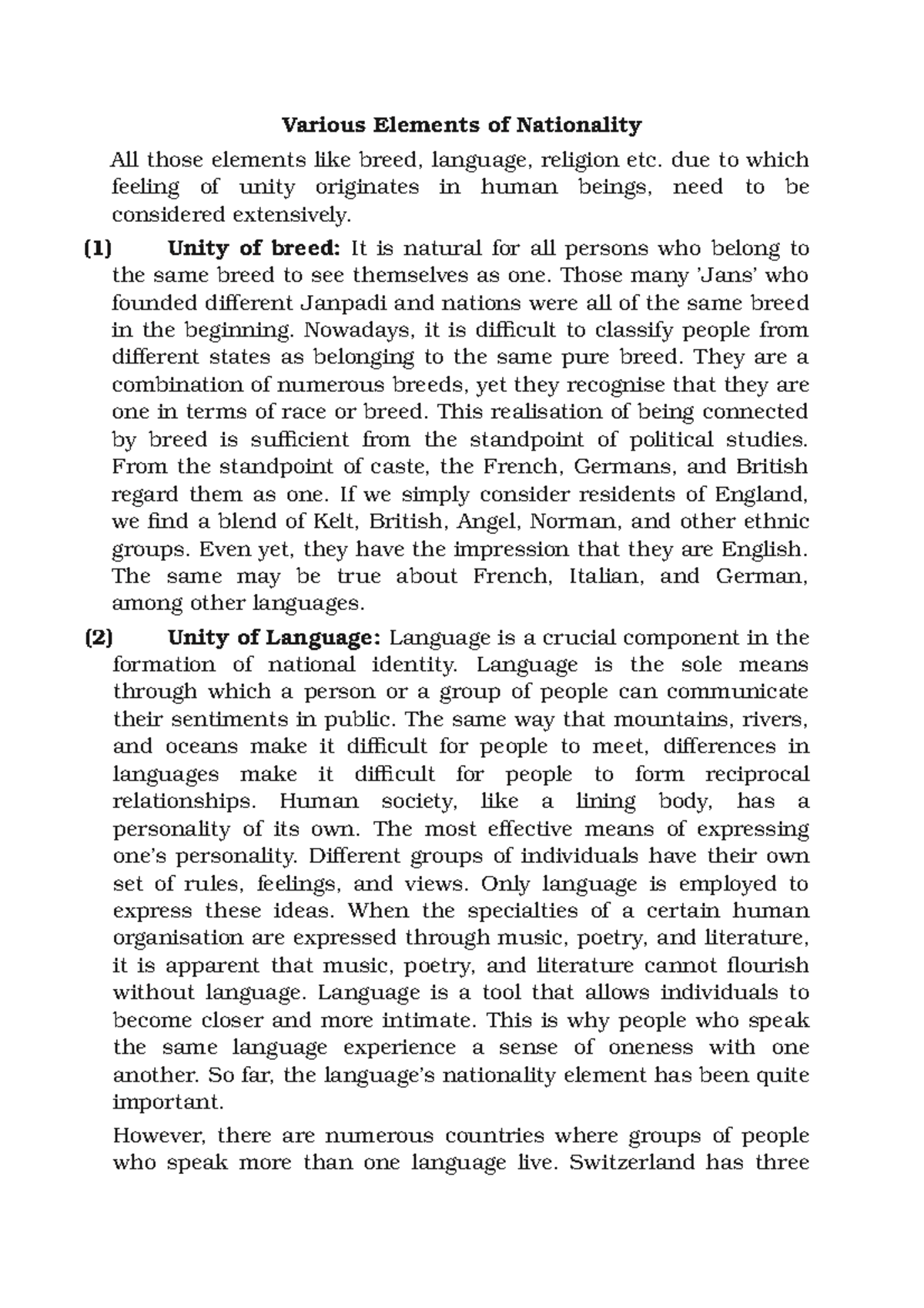 Various Elements of Nationality - due to which feeling of unity ...