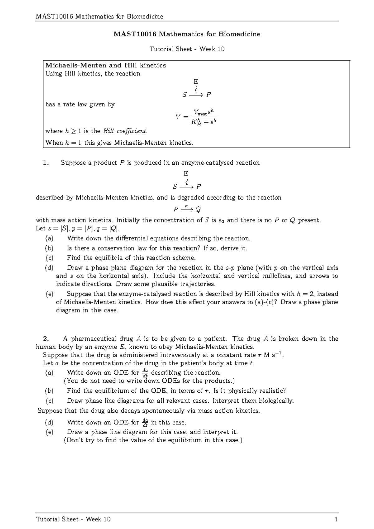 Week 10 tutorial sheet - MAST10016 Mathematics for Biomedicine ...