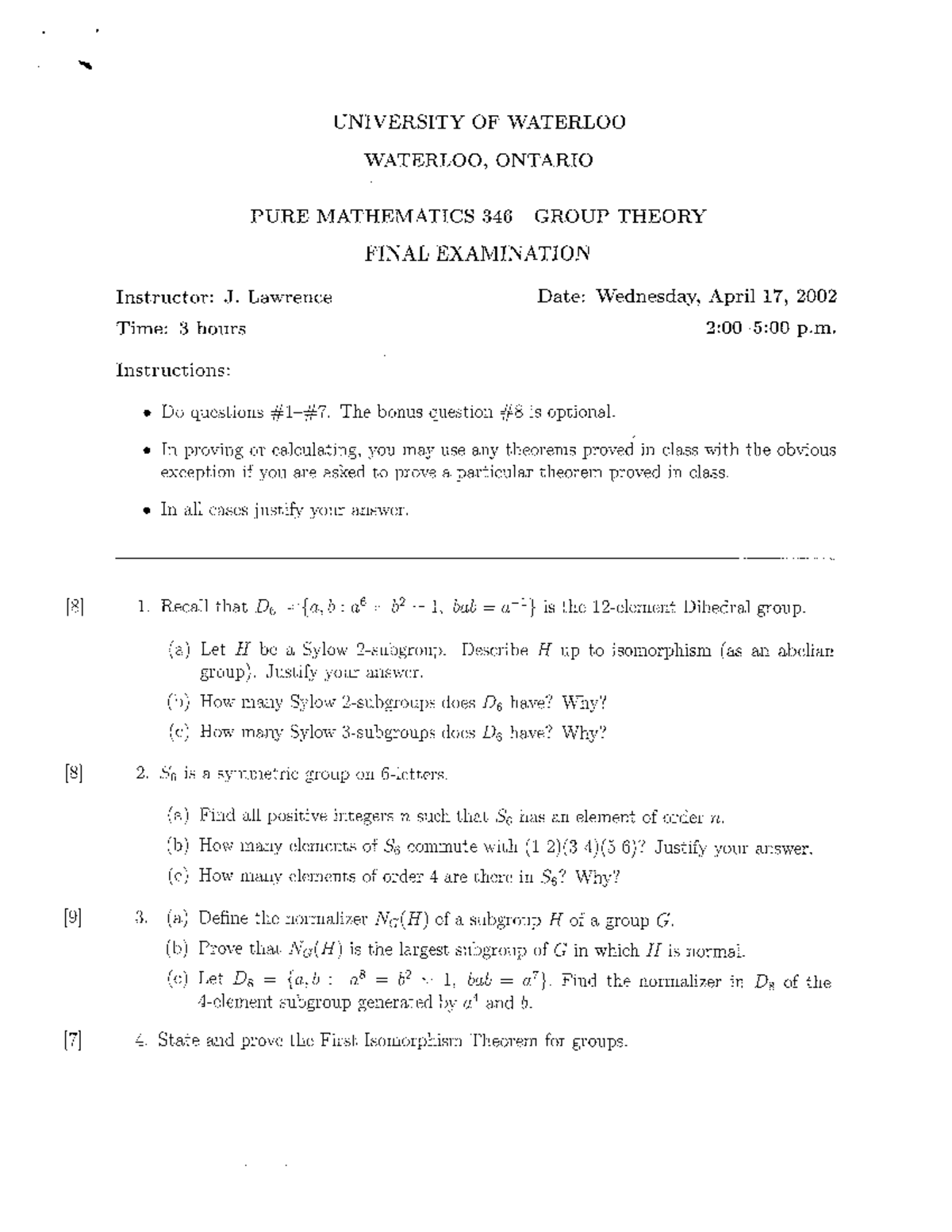 Exam 17 April 2002, questions - UNIVERSITY OF WATERLOO WATERLOO ...