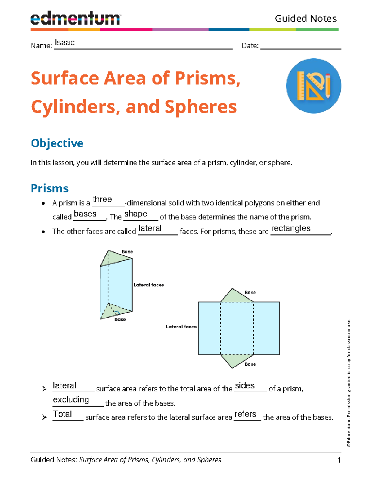 Surface Area of Prisms, Cylinders, and Spheres - ©Edmentum. Permission ...