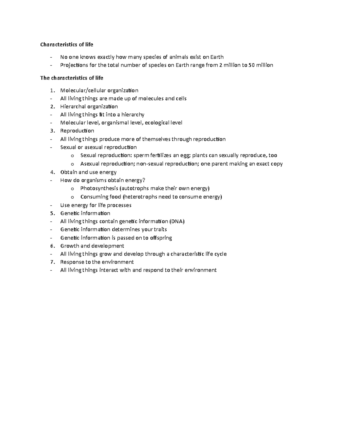 Characteristics of life - Studocu