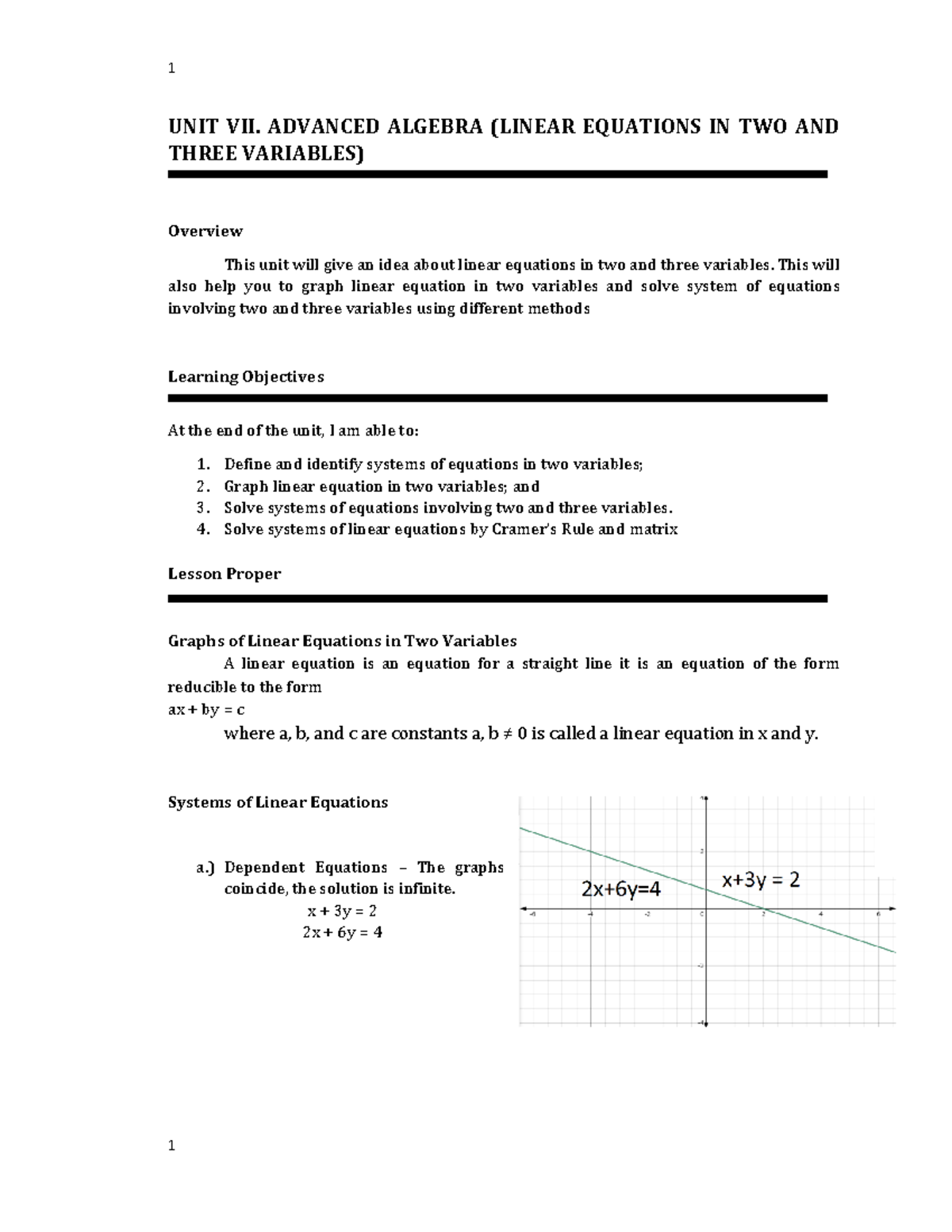 Math 113 Module 3 - dont give up - UNIT VII. ADVANCED ALGEBRA (LINEAR ...