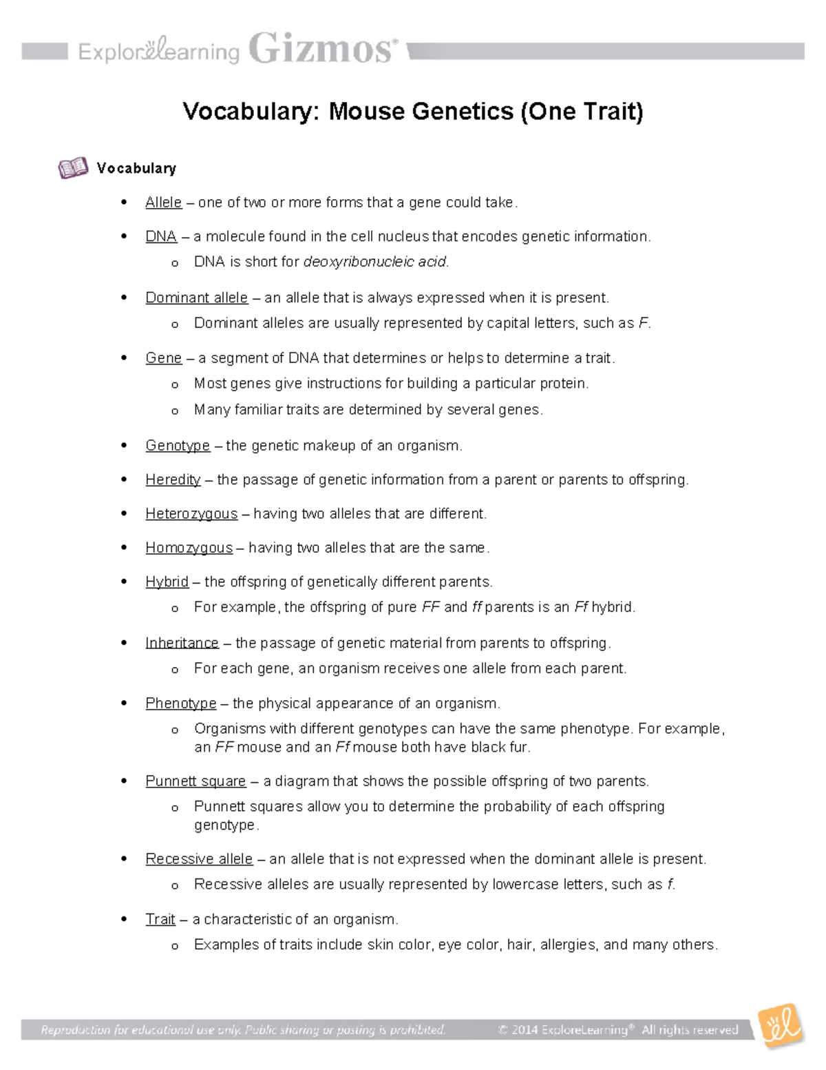 Mouse Genetics Vocab - Vocabulary: Mouse Genetics (One Trait ...
