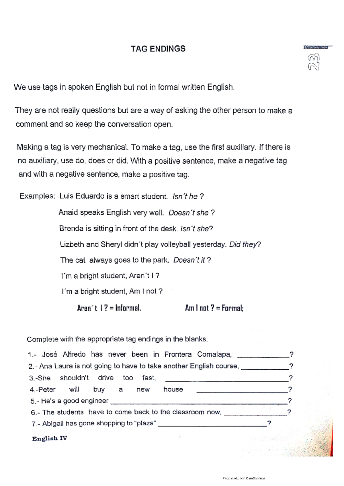 Tag endings activity - apuntes - ingles curso 9 - Preparatoria 9 de la ...
