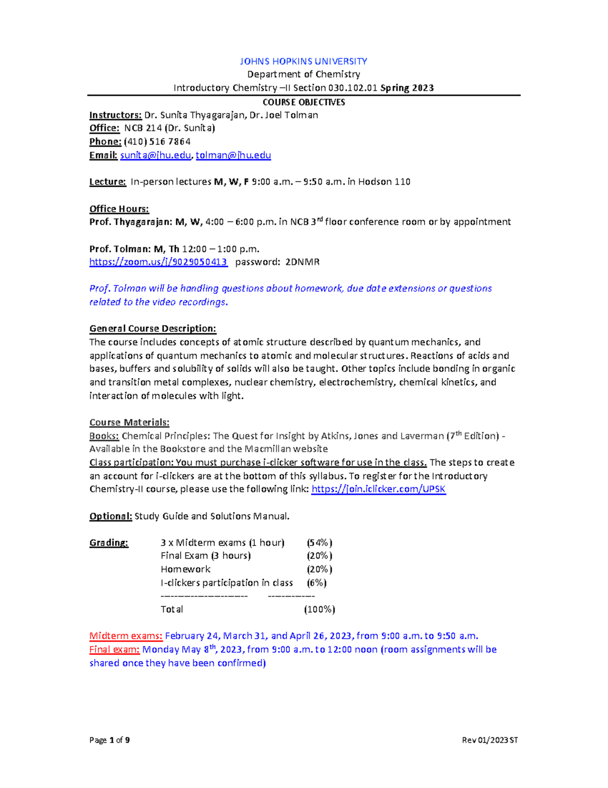 Course objectives Intro Chem-II Section 1 Spring 2023 JRT - Department ...