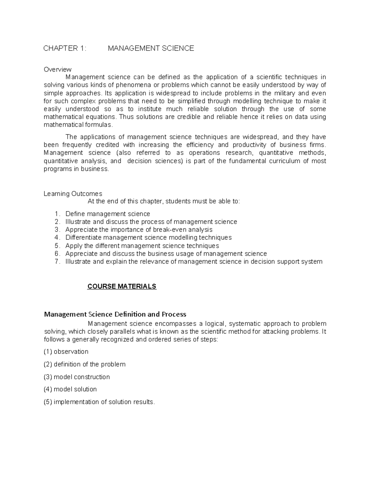 Chapter 1 - management science - CHAPTER 1: MANAGEMENT SCIENCE Overview ...
