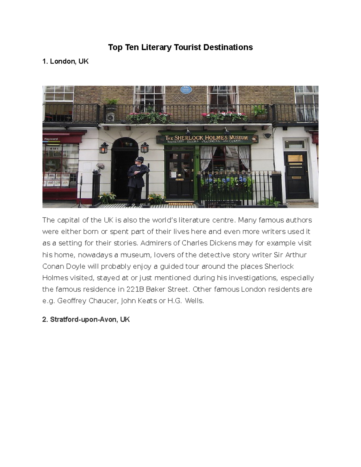 Top Ten Literary Tourist Destinations - Top Ten Literary Tourist ...